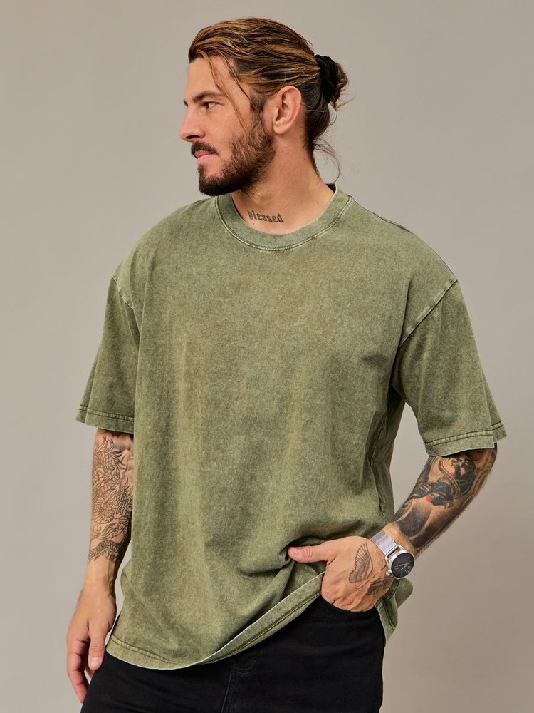 Футболка Мужской хаки Короткий, размер 54, 56 Хлопок Однотонный оверсайз Повседневный Китай ...