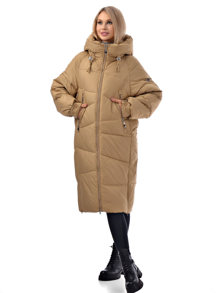 Пальто Женский ENYI Карманы песочный капюшон Полиэстер Длинный Холлофайбер, размер 42 прямой ...