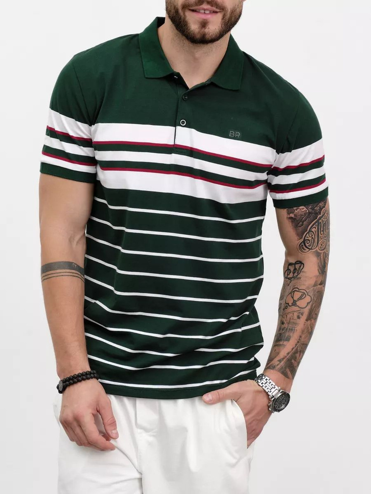 Поло Мужской Bronks темно-зеленый Короткий, размер 44, 46 Хлопок, Спандекс Полоска свободный ...