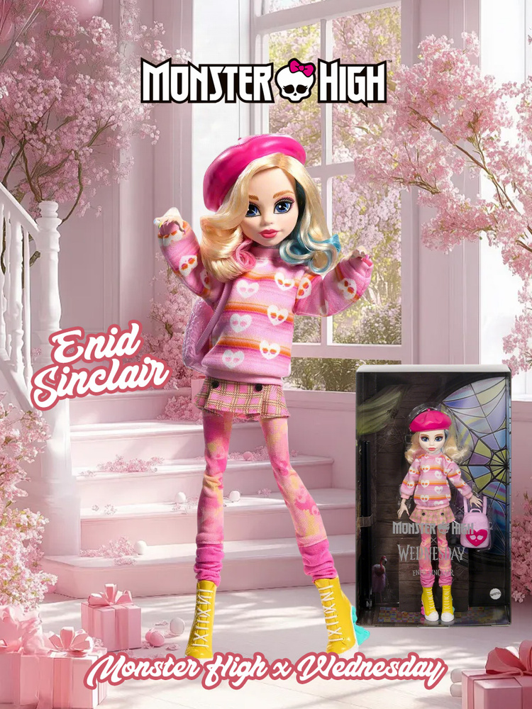 Mattel Monster High Wednesday Enid Sinclair / Монстр Хай кукла шарнирная Энид Синклер с розовой ...