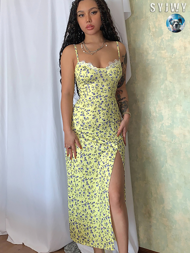 Платье Женский SYJWY желтый Повседневный Без рукавов Полиэфирный шелк Вышивка, размер 40 Без ...