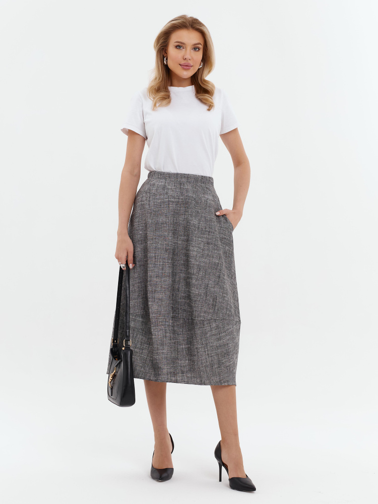 Юбка Женский Banzo серый, серо-черный Лён баллон, размер 56 Резинка ...