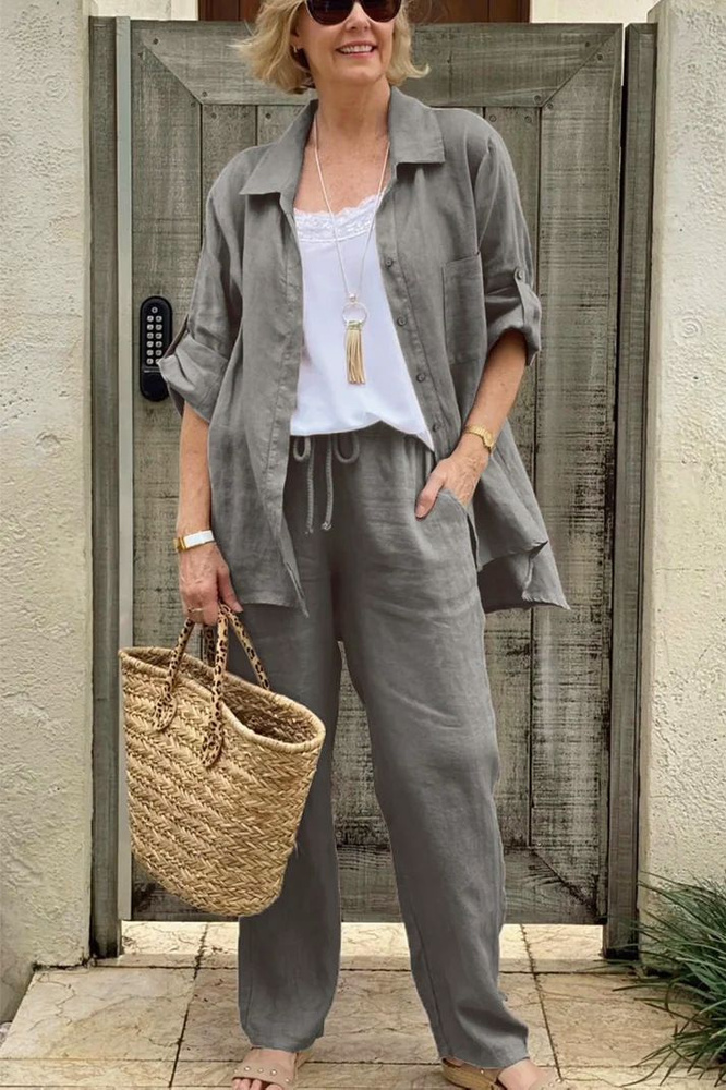 Комплект одежды Женский YIFU HOME Повседневный серый, размер 64 Лавсан, Лён Однотонный Китай ...