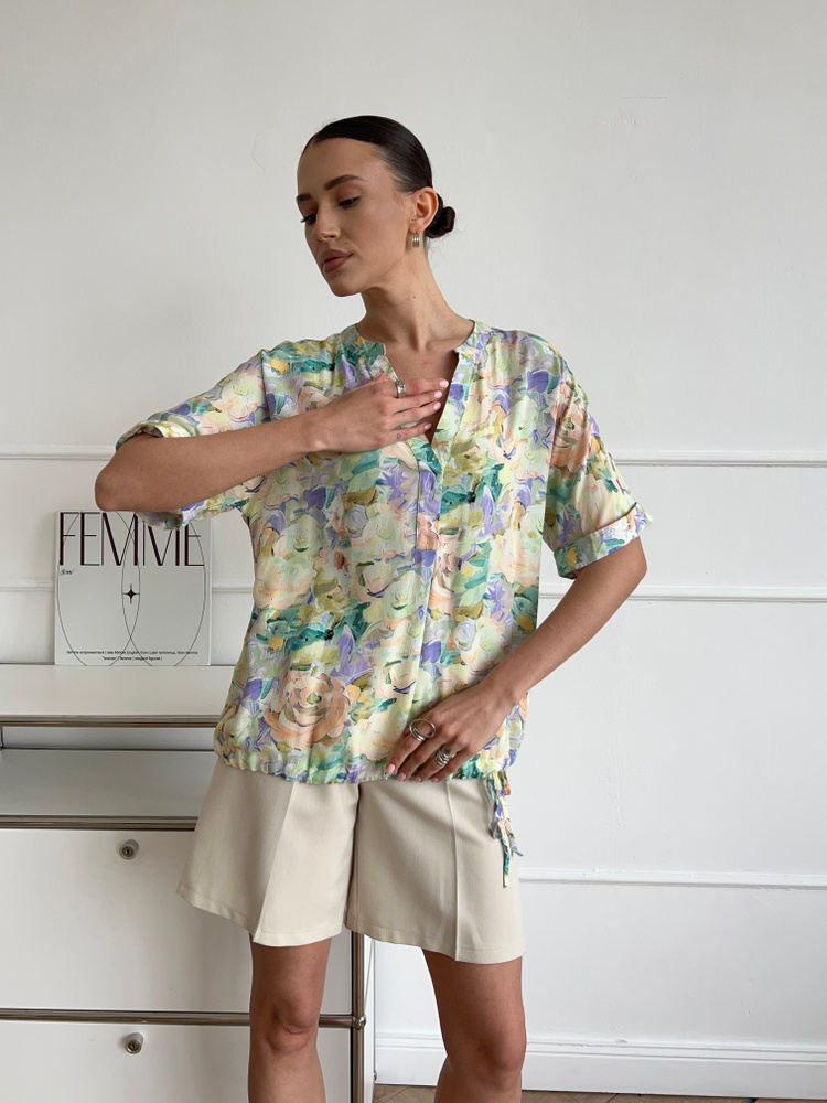 Блузка Женский HELLO MODA! светло-зеленый, сиреневый Хлопок Короткий Цветочный, размер 52, 54 А ...