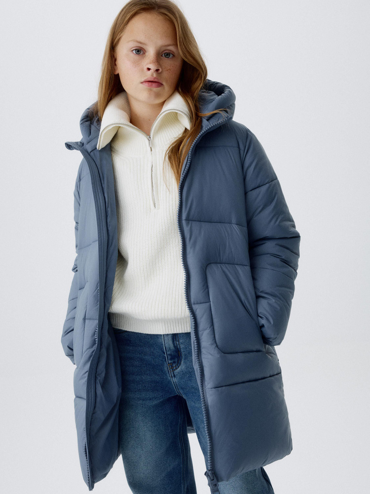 Пуховик Девочки SELA серо-голубой Плащевка, размер 146 Демисезон прямой Синтепух Китай купить c ...