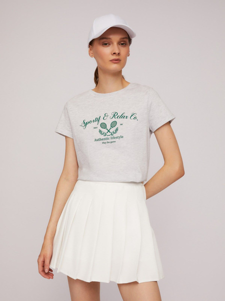 Футболка Женский Zolla светло-серый Короткий, размер 48 Хлопок Повседневный Узбекистан, рост 164 ...