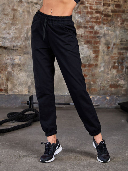 Брюки Женский IRAF джоггеры черный Хлопок Спортивный, размер 40 Завязки полуприлегающий Лето ...