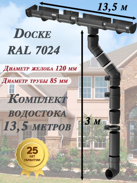 Водосточная система Docke Premium 13,5 м RAL 7024 ( 120мм/85мм ) серый водосток для крыши ...