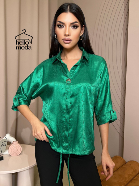 Блузка Женский HELLO MODA! изумрудный Полиэстер Три четверти Анималистический, размер 58 Шнурок ...