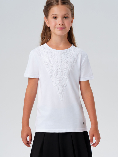 Блузка Девочки PlayToday белый муар Трикотаж Однотонный, размер 134 Китай Офисный/школьный ...