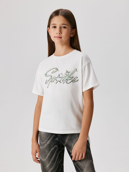 Футболка Девочки Acoola молочный Короткий, размер 146 Трикотаж, Хлопок Надписи прямой ...