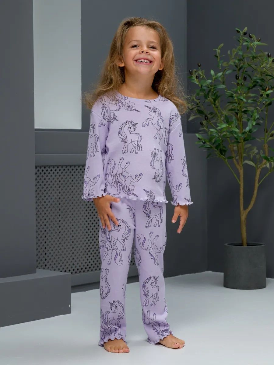 Пижама Девочки NATIVIA с брюками Кулирная гладь, Хлопок, размер 128 сиреневый, черный Длинный ...