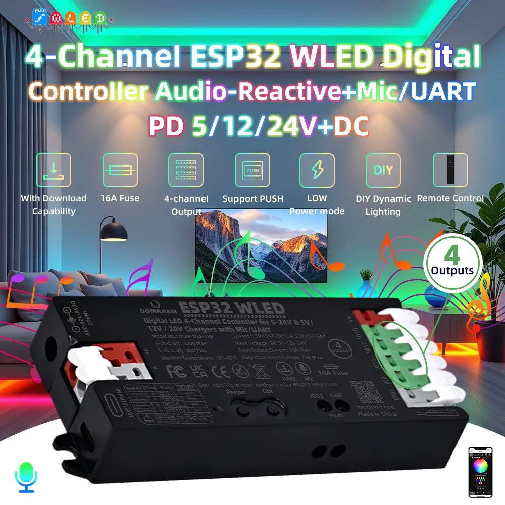 Цифровой контроллер светодиодов UAL PSU ESP32 WLED с PD 5V 12V 20V DC 5 ...