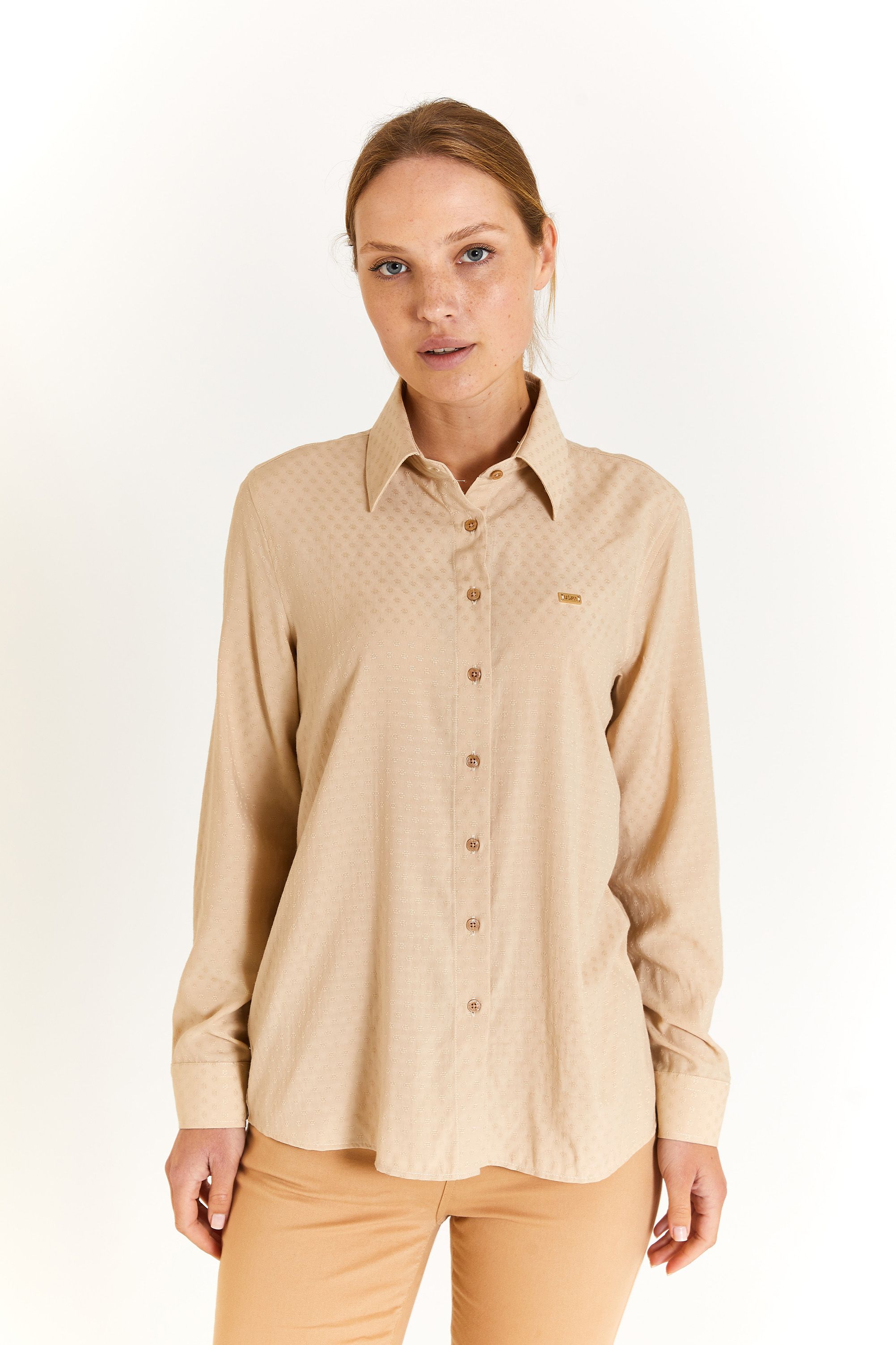 Рубашка Женский U.S. POLO ASSN. бежевый Хлопок, Полиэстер, размер 48 ...