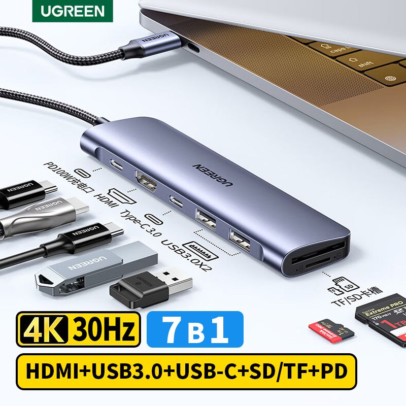 Характеристики Ugreen USB-Концентратор 7-in-1,4K@30Hz HDMI, USB-C 5Gbps ...