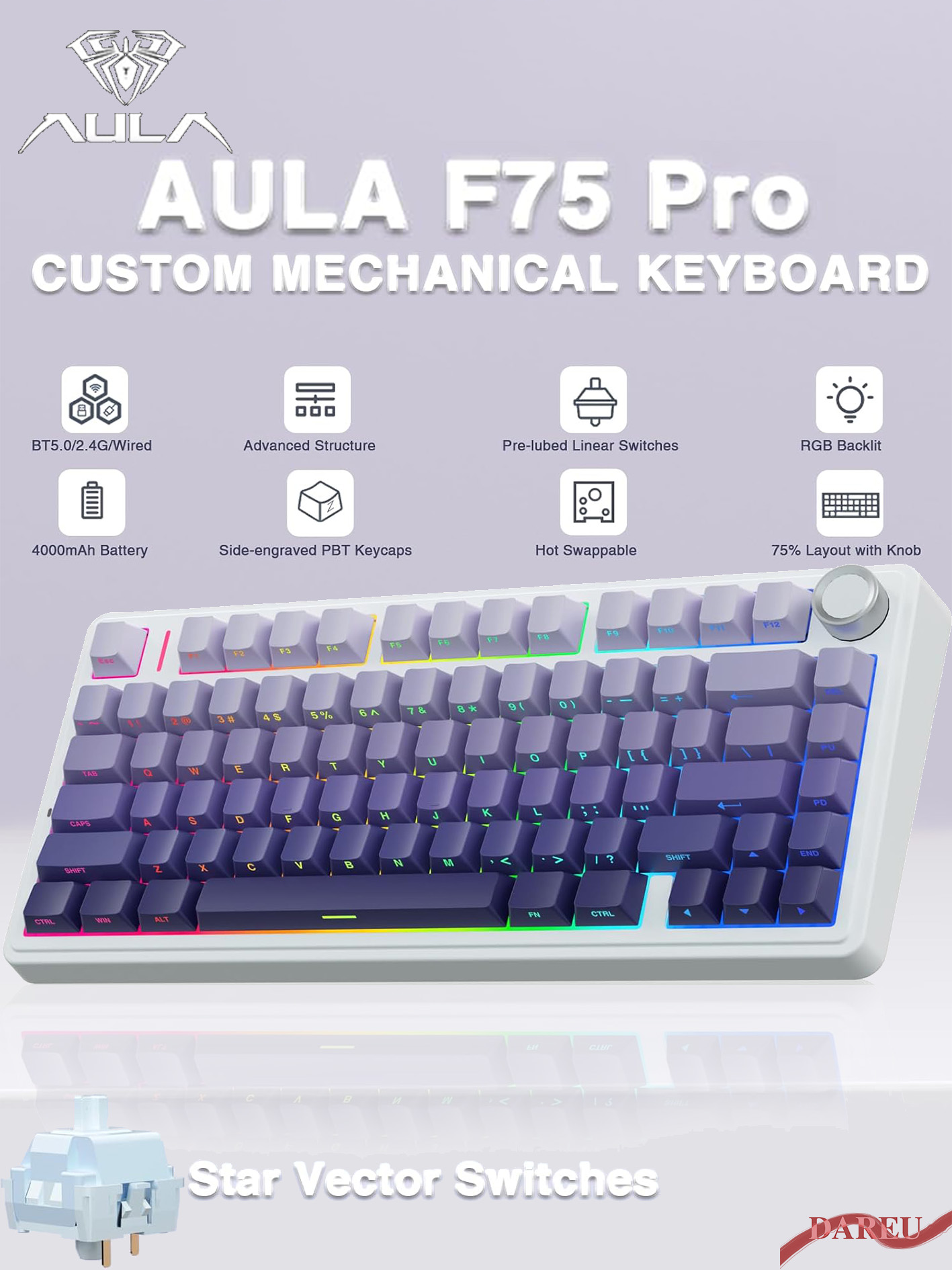 Клавиатура беспроводная AULA F75 механическая клавиатура, 75% ...