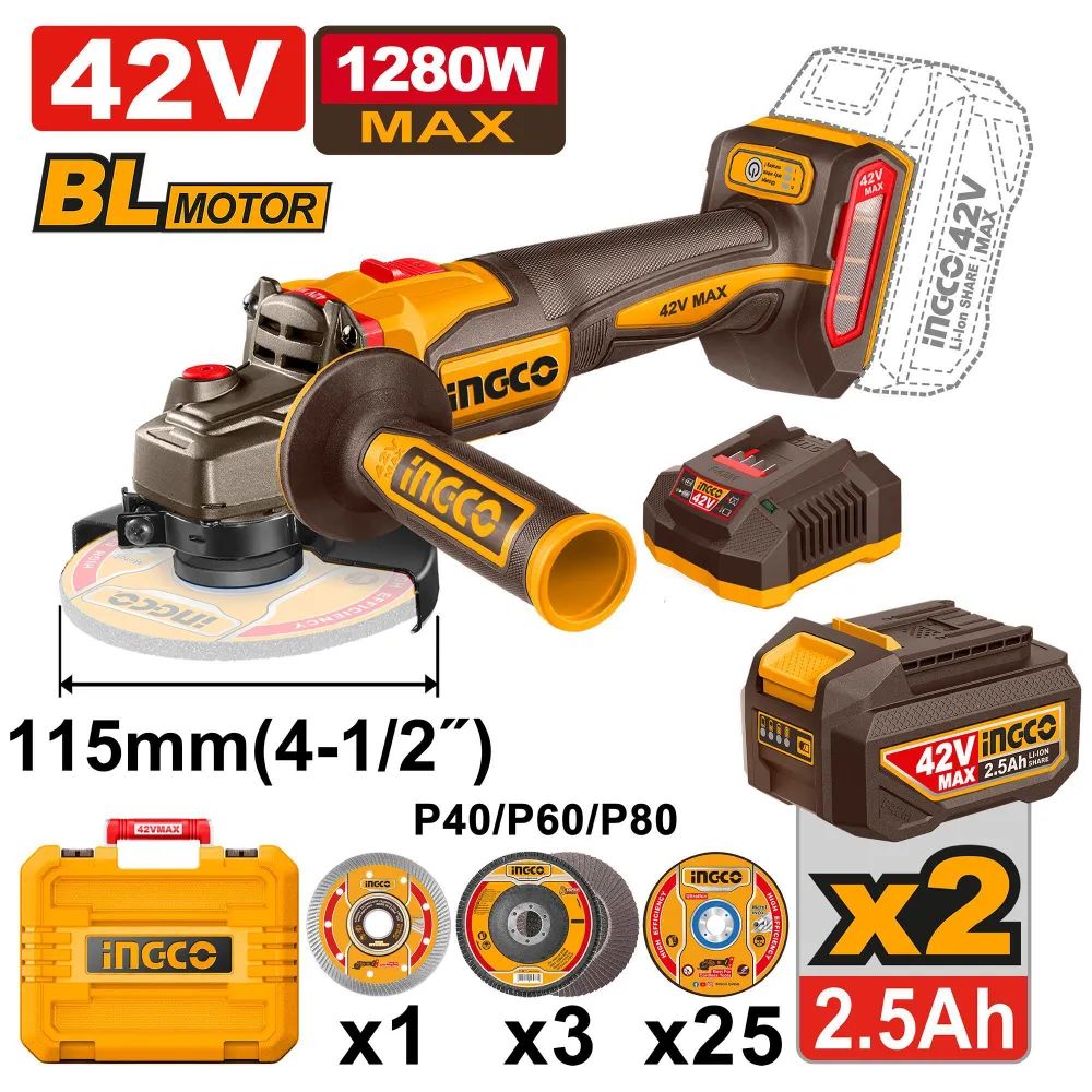 Аккумуляторная УШМ BL 42В, 2хАКБ и ЗУ кейс INGCO CAGLI4128112 ...