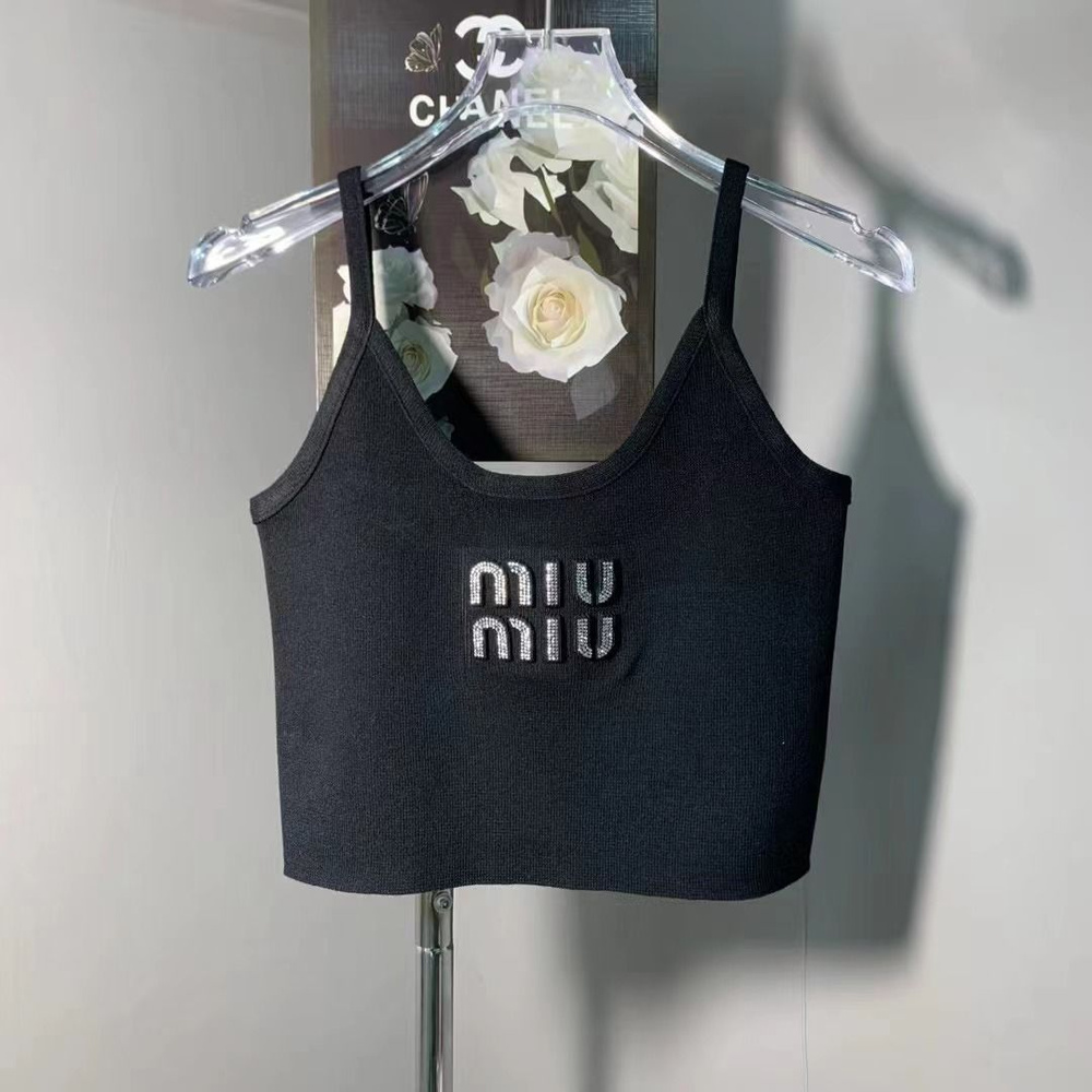 Топ Женский Miu Miu черный размер 1 Хлопок Лавсан Без рукавов Повседневный Значки Франция