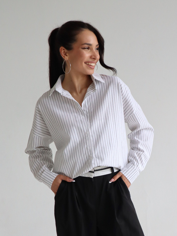 Рубашка Женский Lady Gina белый Длинный Хлопок, Полиэстер Воротник, Кокетка Полоска, размер 42 ...