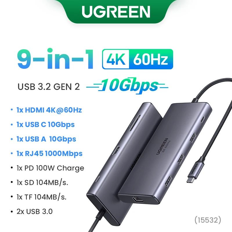 Концентратор UGREEN 15532 Type-C 9-в-1 HDMI/4K60Hz RJ45 PD100W SD/TF Type-c USB3.2 купить на ...