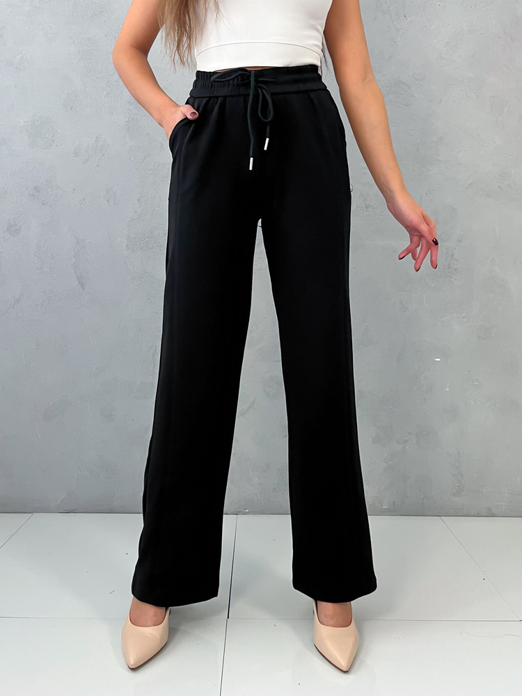 Брюки Женский SLN широкие, прямые черный кристалл Трикотаж Вечерний/праздничный, размер 46 ...