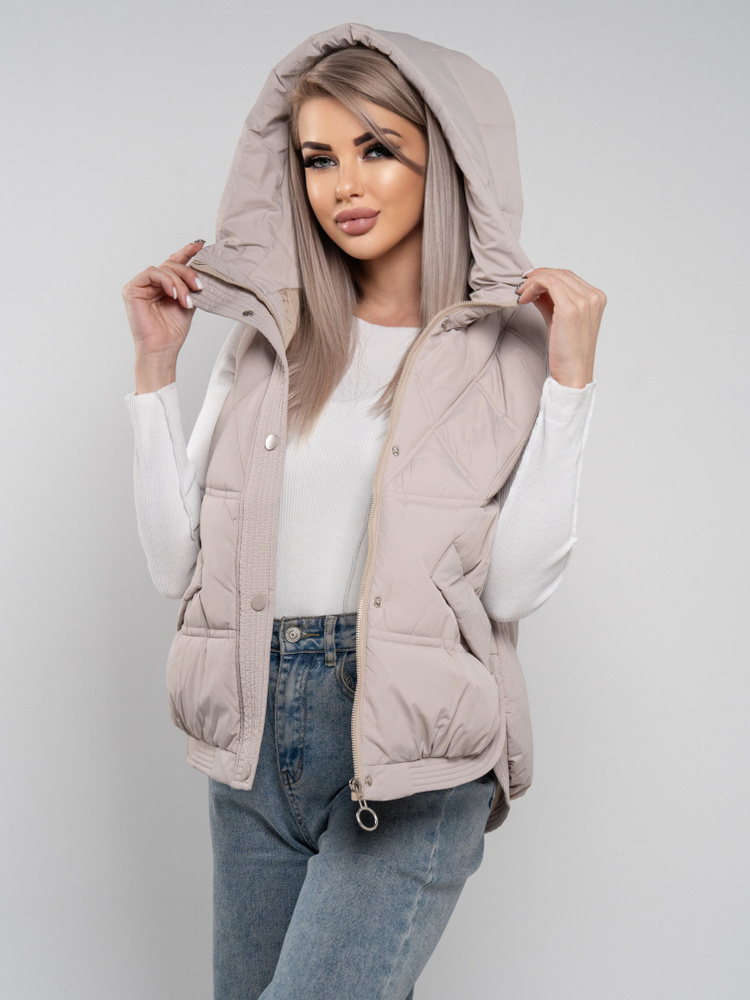 Жилет утепленный Женский KSV&HUV Капюшон, Карманы светло-бежевый, размер 44, 42 Полиэстер ...