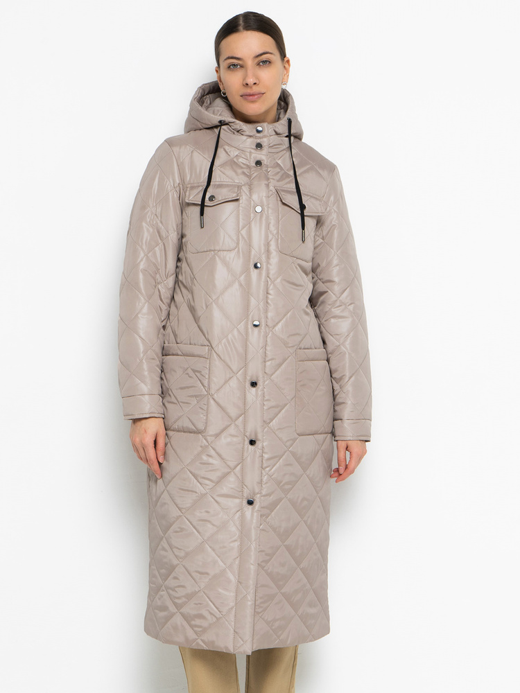 Пальто утепленное Женский Adeleda Fashion Карманы бежевый Полиэстер, размер 56 Длинный Демисезон ...