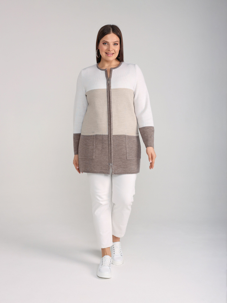 Кардиган Женский BONADI жемчужный Трикотаж, размер 48 Молния Карманы полуприлегающий Длинный ...