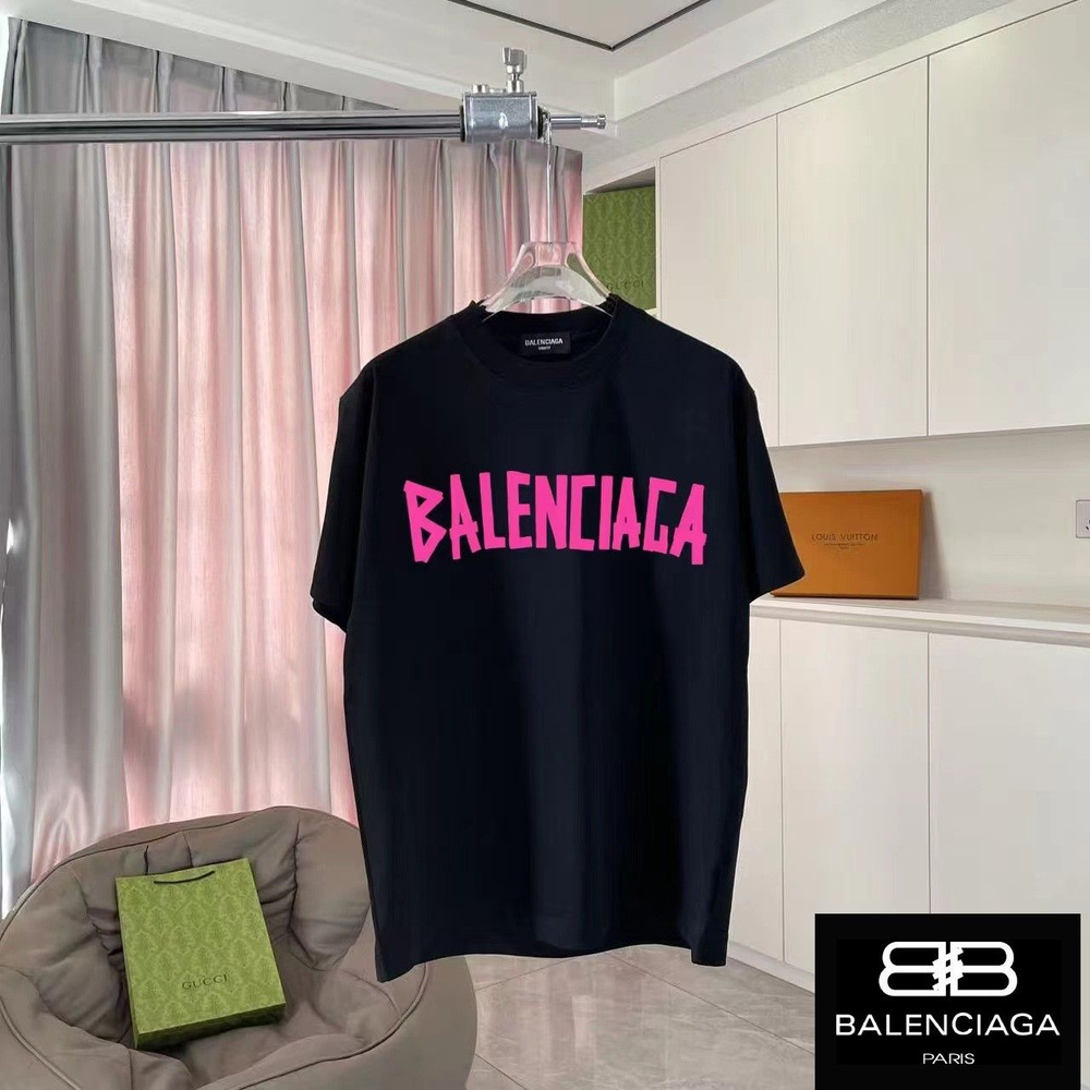 Футболка Женский Balenciaga черный Короткий, размер 46 Хлопок Однотонный облегающий Повседневный ...
