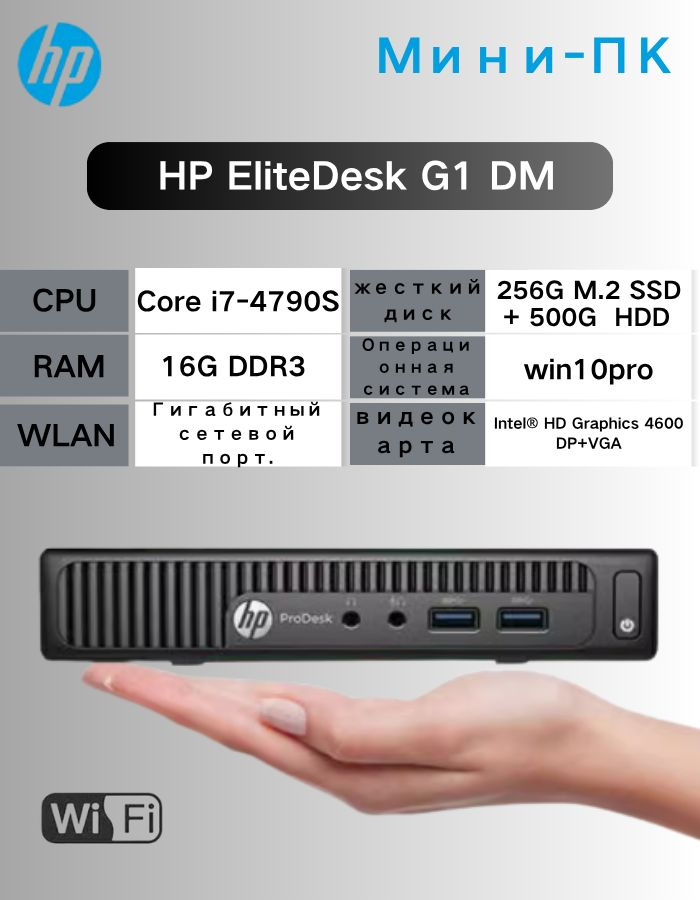 HP Мини-ПК (Intel Core i7-4790S, RAM 16 ГБ, SSD 256 ГБ, HDD 500 ГБ ...
