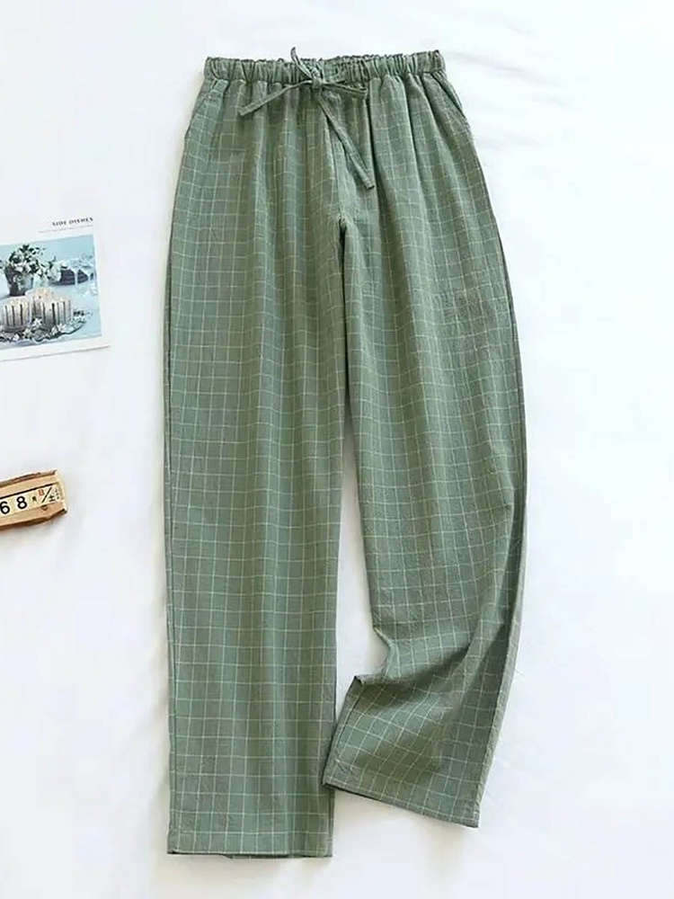 Брюки Женский, Мужской SYJWY зеленый лишайник для дома Хлопок, размер 48 Шнуровка свободный На ...