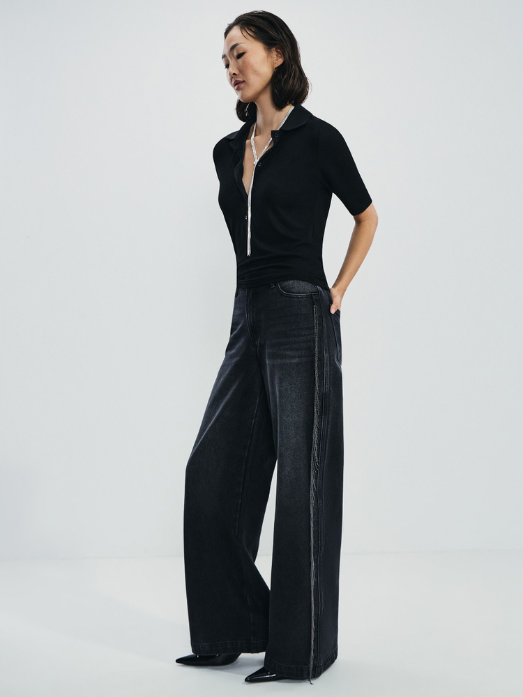 Джинсы Женский Zarina темно-серый широкие Полиэстер, Хлопок, размер 52 свободный Молния Высокая ...