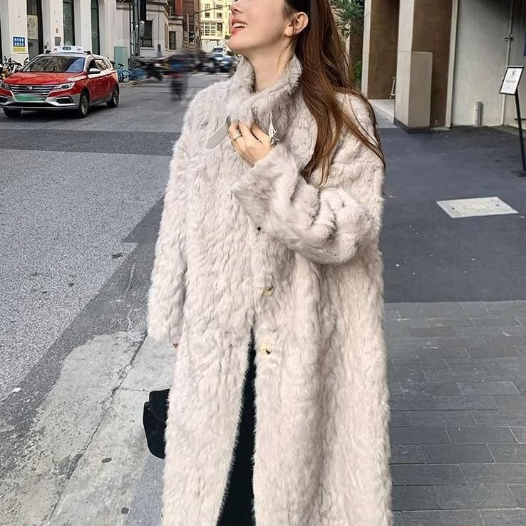 Шуба искусственная Женский MOOCIE бежевый лацканы Полиэфирный шелк Длинный, размер 46 Зима ...