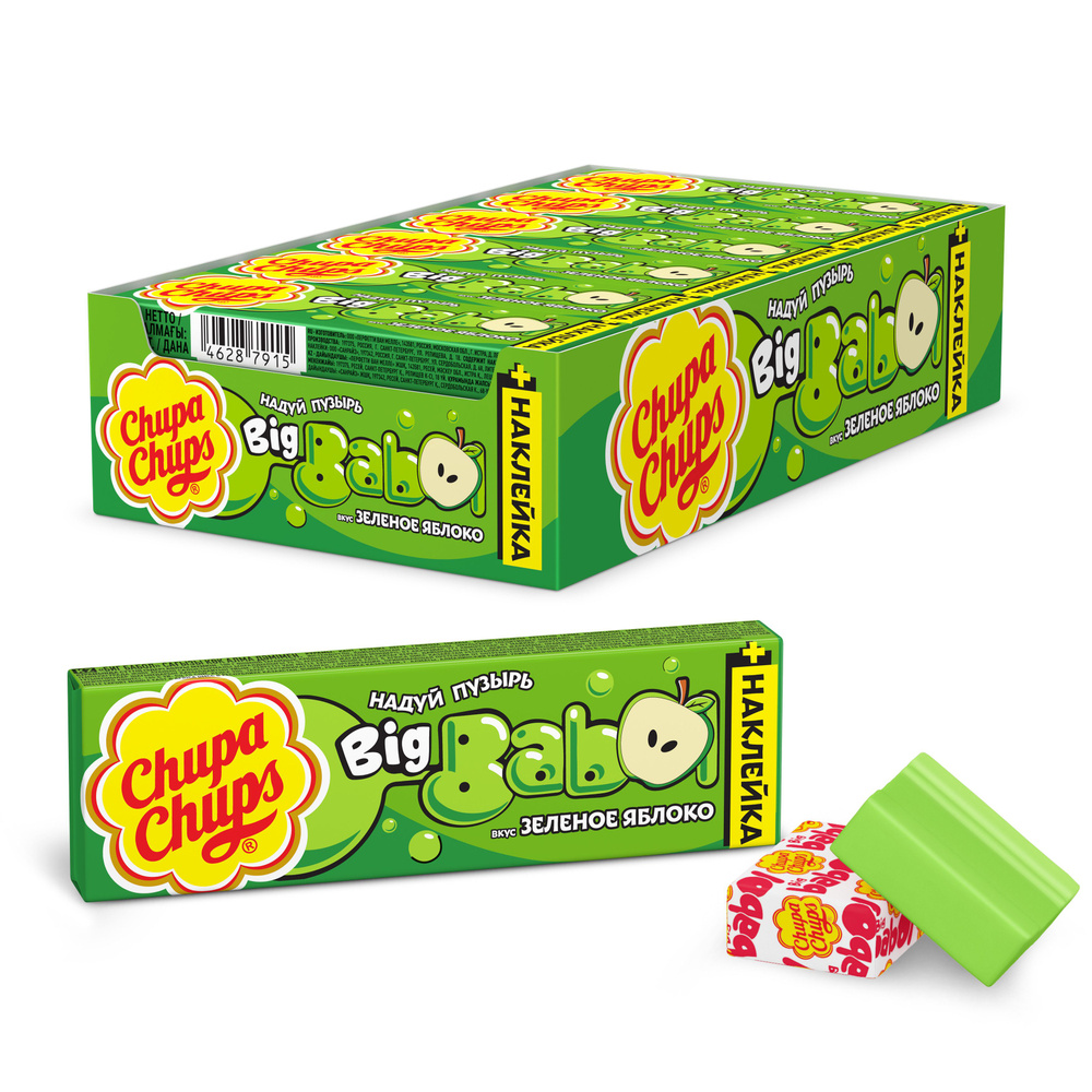 Жевательная резинка Chupa Chups БИГ БАБОЛ со вкусом зеленого яблока, 20 ...
