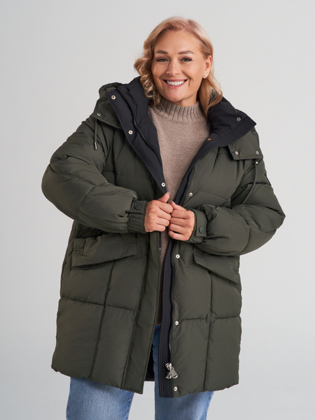 Пуховик Женский Elfina Карманы, Капюшон темно-зеленый Полиэстер, размер 54 Длинный Зима прямой ...