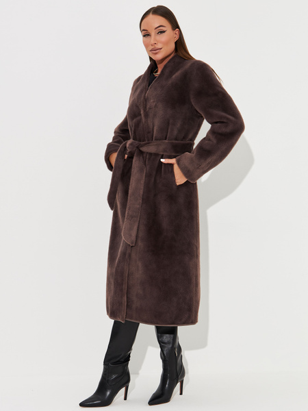 Пальто Женский Oli love Пояс/ремень шоколадный шалька Замша искусственная, Мех искусственный ...