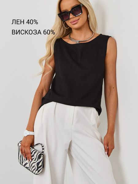 Топ Женский ZUCLO черный, размер 54 Лён, Вискоза Без рукавов Офисный ...