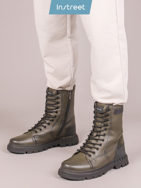 Сапоги Мужской Instreet полусапоги, размер 40 хаки Зима 8 Толстый каблук Россия Шнурки, Молния ...