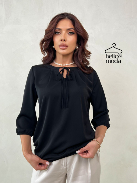 Блузка Женский HELLO MODA! черный Полиэстер Три четверти Однотонный, размер 60 свободный Завязки ...