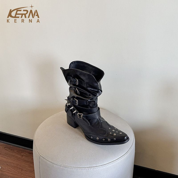 Сапоги Женский KERNA, размер 39 черный На любой сезон R (средняя) Толстый каблук Китай Заклепки ...