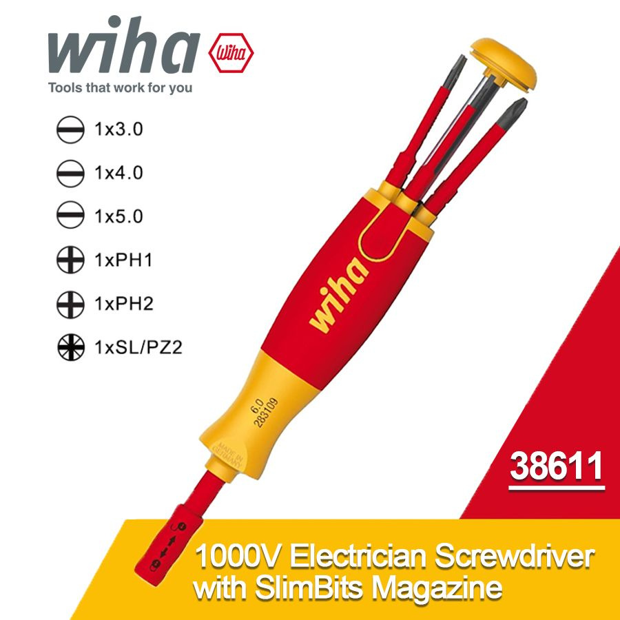 Wiha 38611 Отвертки со сменными насадками LiftUP Electric 1000В,Отвертка диэлектрическая с ...