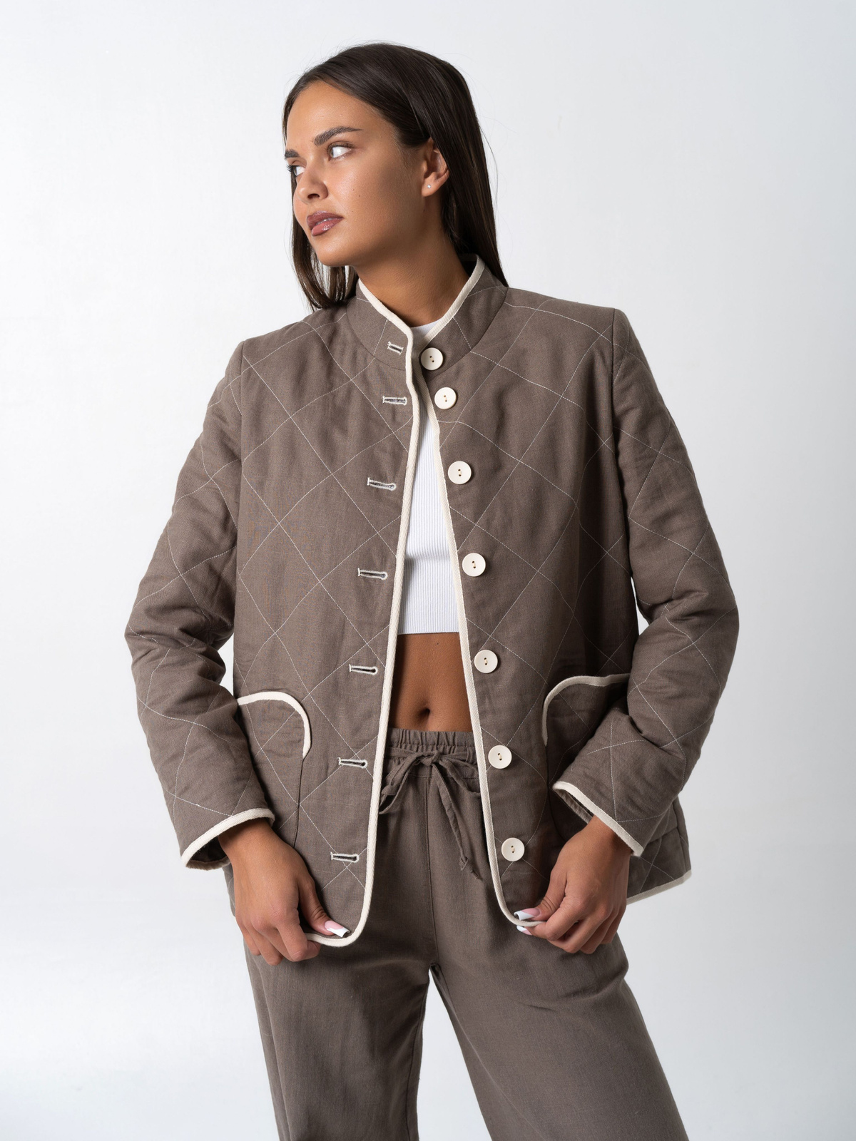 Куртка Женский Ecoline Fashion Карманы капучино стойка Лен, Хлопок ...