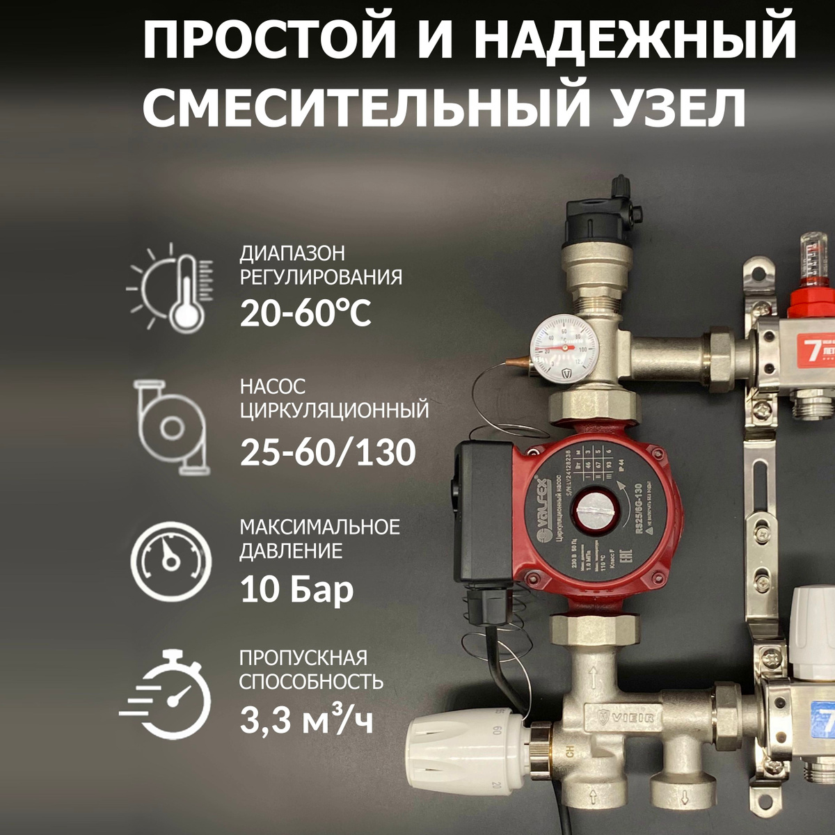 Комплект для теплого пола VIEIR коллектор 7 контуров с насосом + смесительный узел (до 100 кв/м ...
