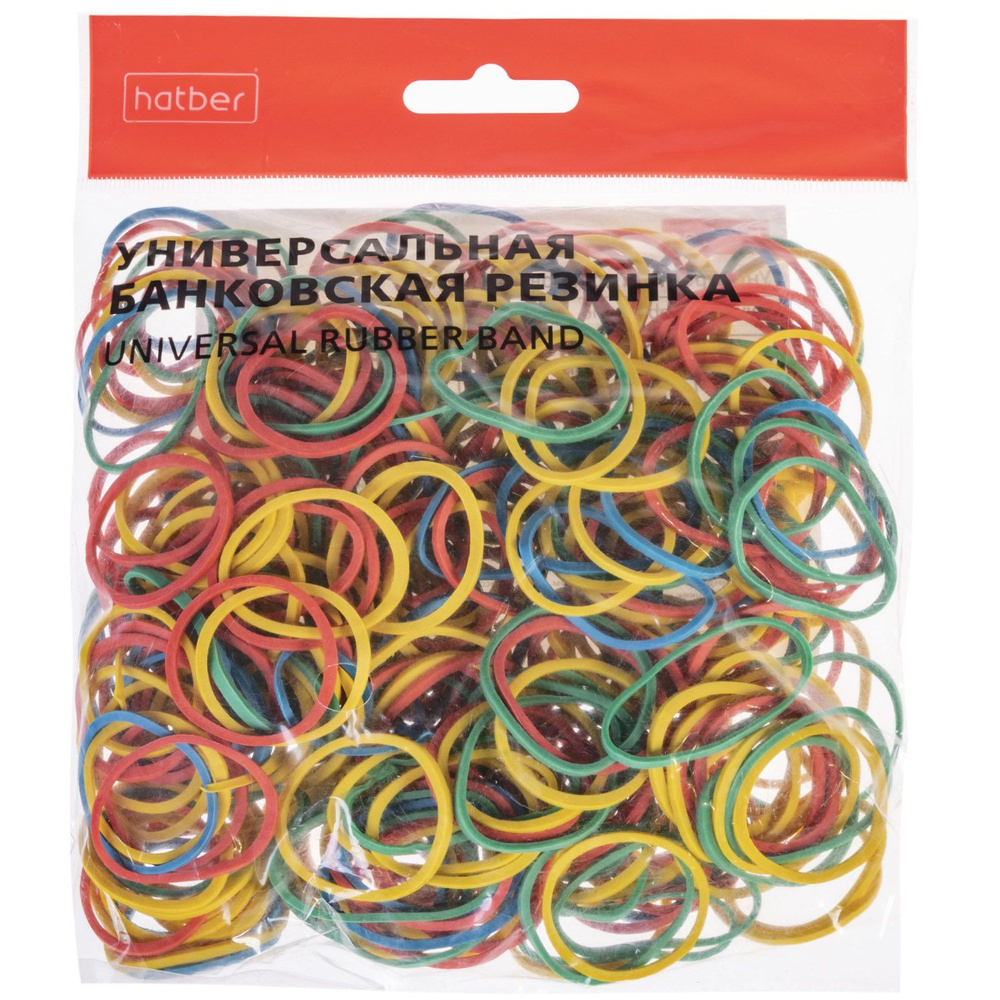 Резинка банковская цветная Hatber диаметр 25 мм, длина 40 мм, 100 г в пакете с европодвесом ...