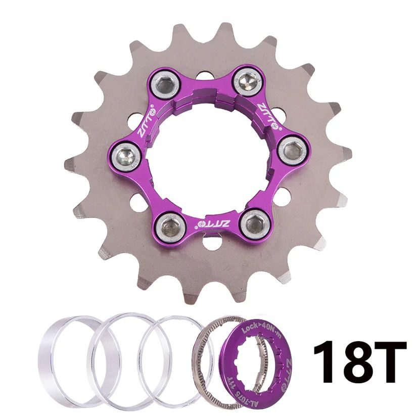 Звезда задняя ZTTO 18T на втулку сингл-спид, алюминиевая, silver-purple ...