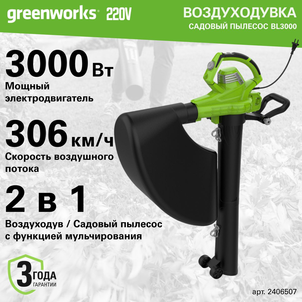 Воздуходувка-пылесос садовый электрический Greenworks 2406507, 220 В ...