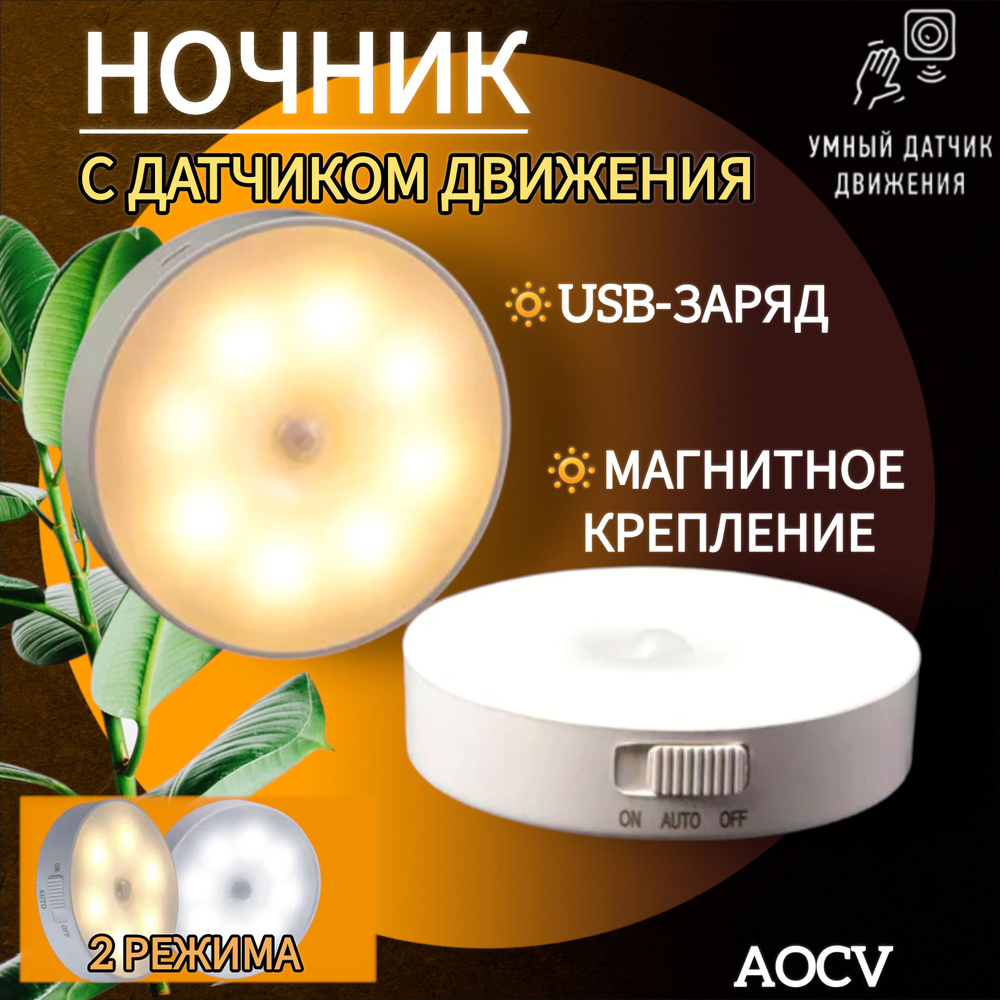 Беспроводной светодиодный светильник с датчиком движения круглый ,режим ...