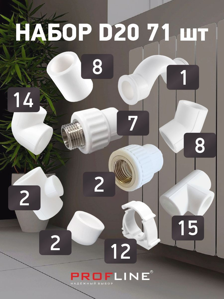 Набор фитингов для полипропиленовых труб 20 мм Profline №3: муфты, уголки, тройники, опора ...