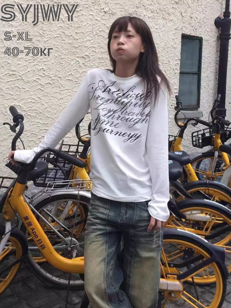 Лонгслив Женский SYJWY белый Длинный, размер 42 Полиэфирное волокно Однотонный, Буквы и цифры ...