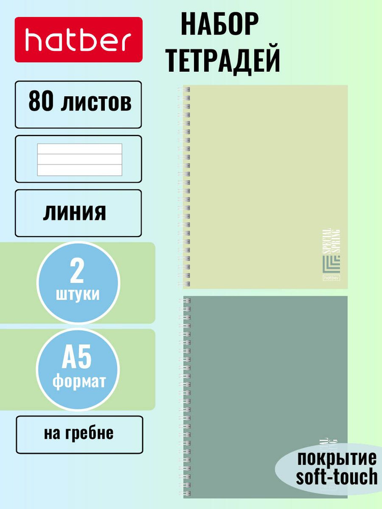 Тетрадь Hatber 2 штуки/2 дизайна, 80 листов формата А5 в линию, ламинация Soft-touch, на гребне ...